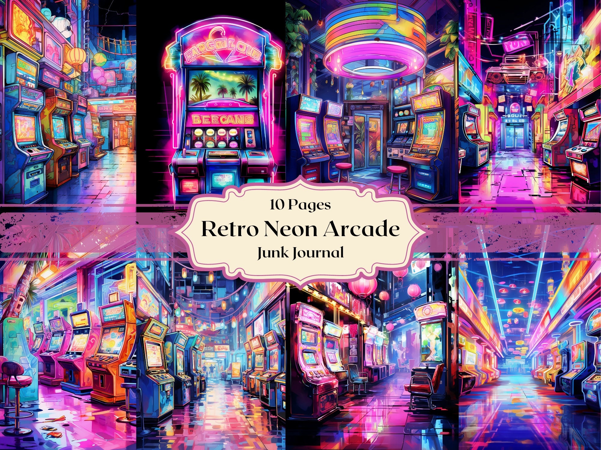 Retro Neon Arcade Digital Paper Printable Watercolor Arcade Paper Scrapbooking Arcade Hall Junk ...