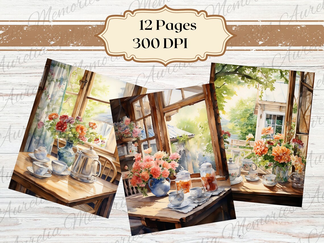 Cottage Kitchen Watercolor Digital Paper Country Style Paper ...