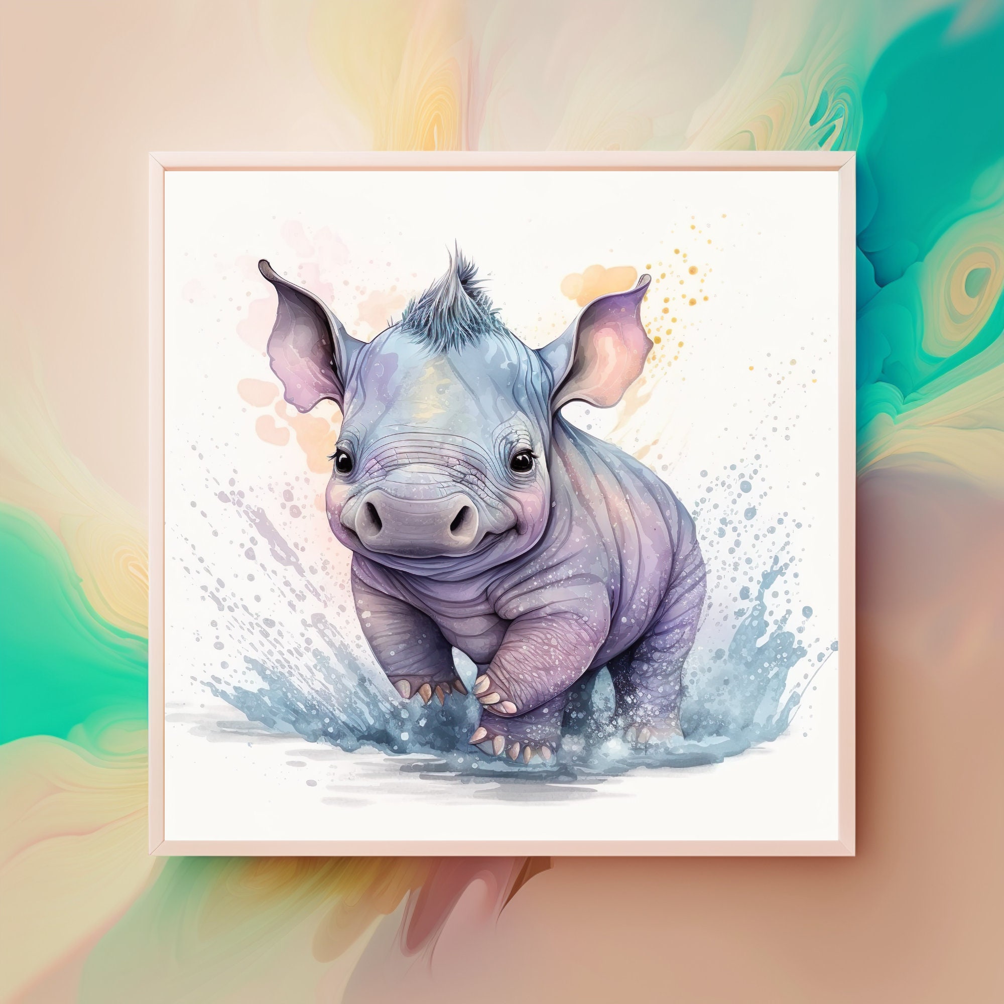 Rhino Watercolor Clipart Nursery Decor Baby Rhino Watercolor Cute Baby ...