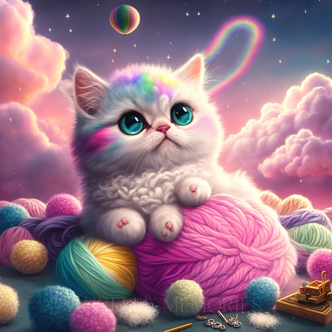 Cat Fantasy Watercolor Clipart Nursery Decor White Baby Cat Watercolor ...