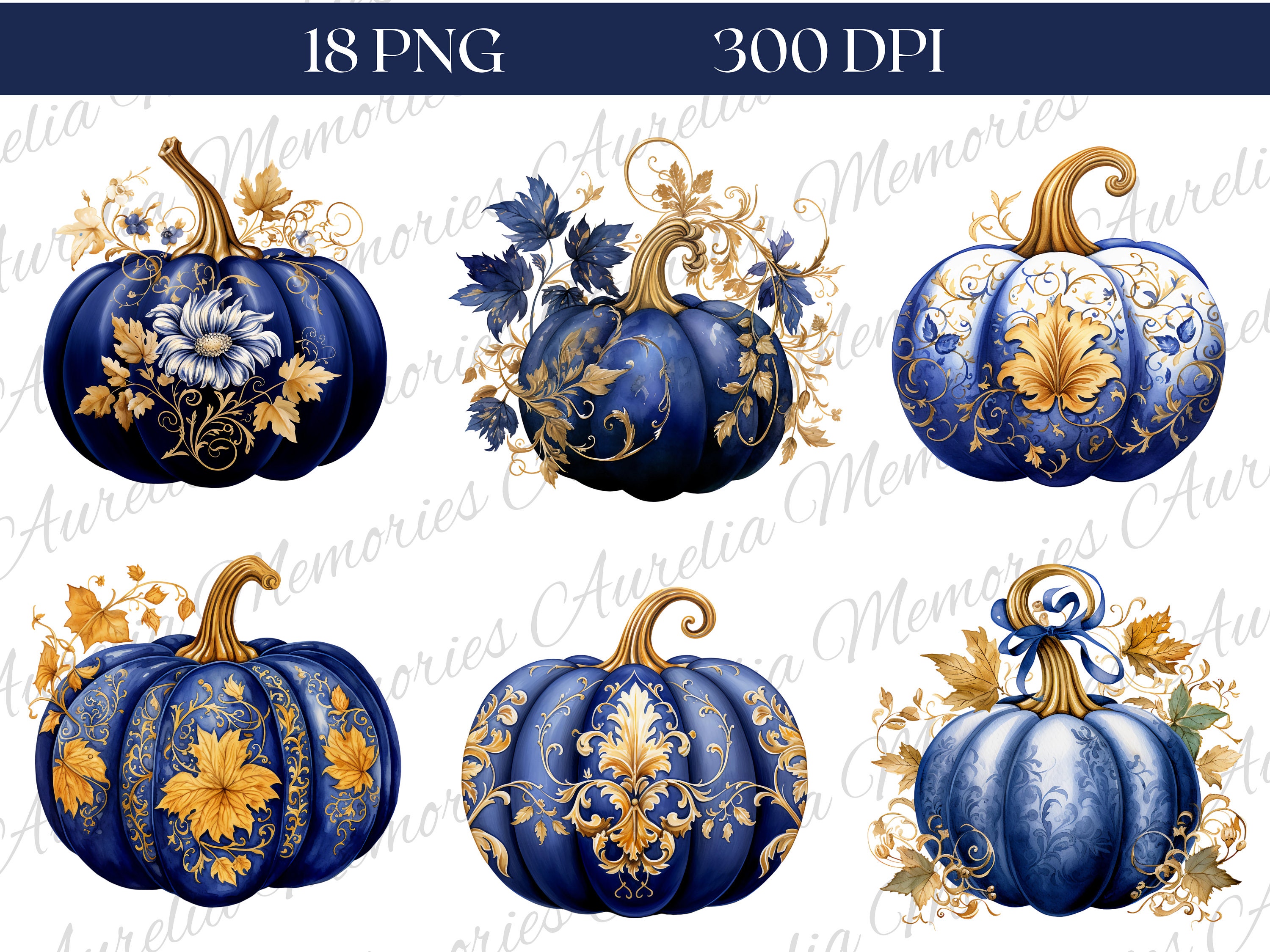 Blue Pumpkin Clipart 18 PNG Files Watercolor Victorian Pumpkin Autumn ...
