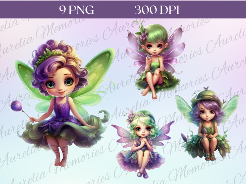 Cute Fairy Clipart 9 PNG Files Watercolor Purple Green Little Fairy ...