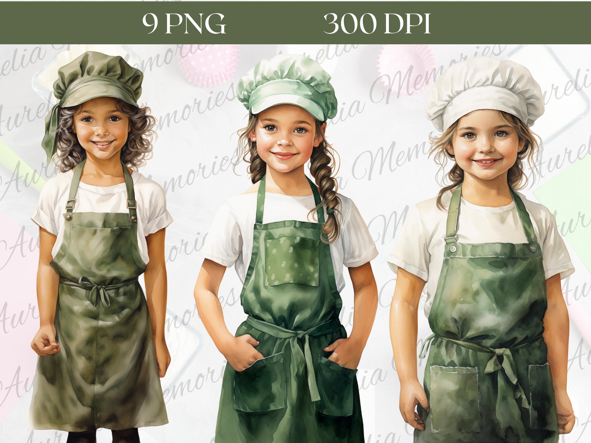 Cute Little Chef Clipart 9 PNG Files Watercolor Chef Girl With Green ...