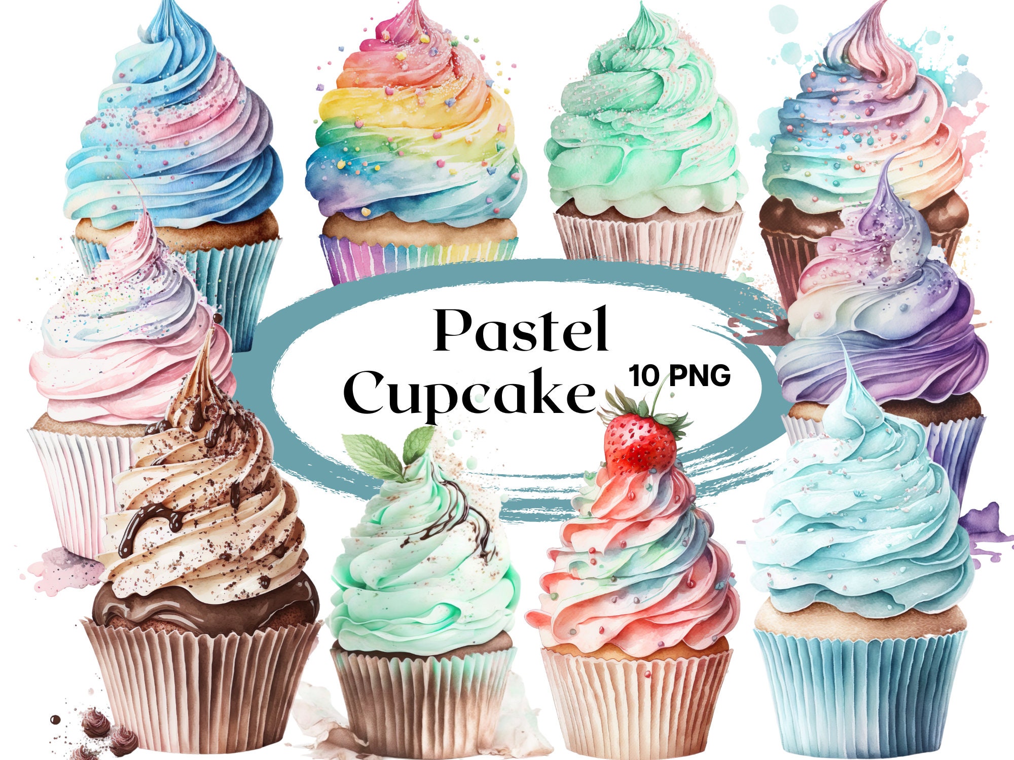Pastel Cupcake Watercolor Clipart 10 PNG Files Rainbow Birthday Cake ...