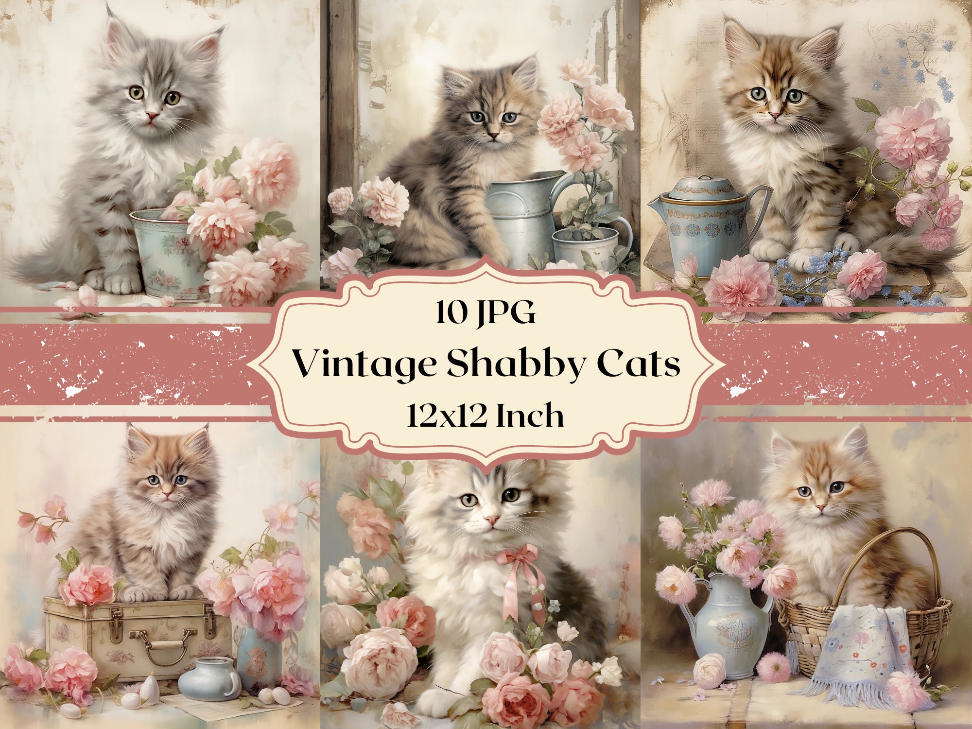 Vintage Shabby Chic Cats Clipart 10 JPG Watercolor Kittens Digital ...