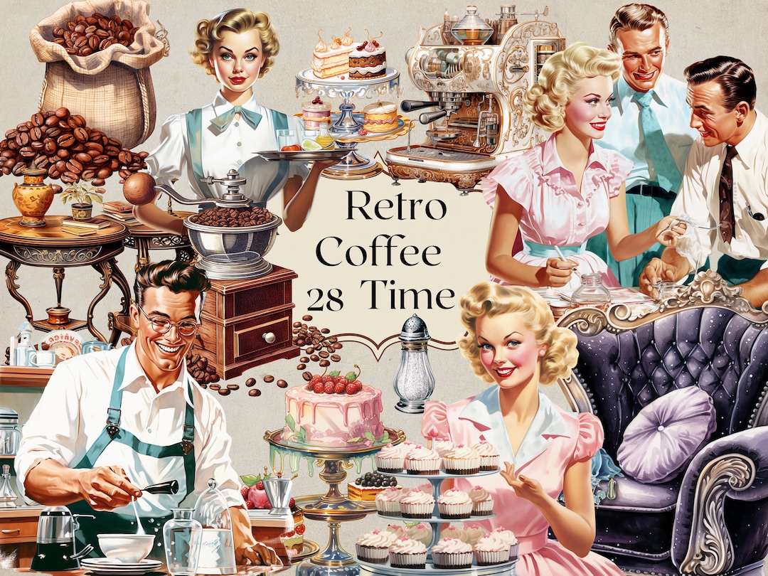Vintage Retro Coffee Clipart 28 PNG Files Watercolor Coffee Time ...