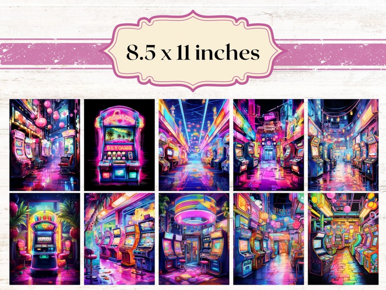 Retro Neon Arcade Digital Paper Printable Watercolor Arcade Paper ...