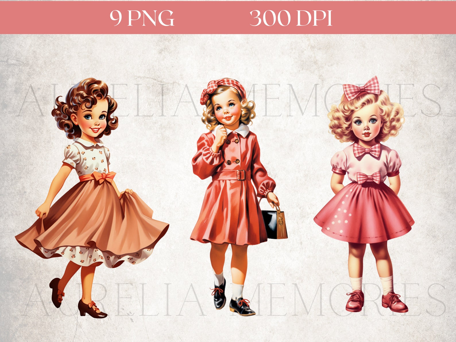 Retro Little Girls Clipart Watercolor 9 PNG Files Vintage Girls Clipart ...