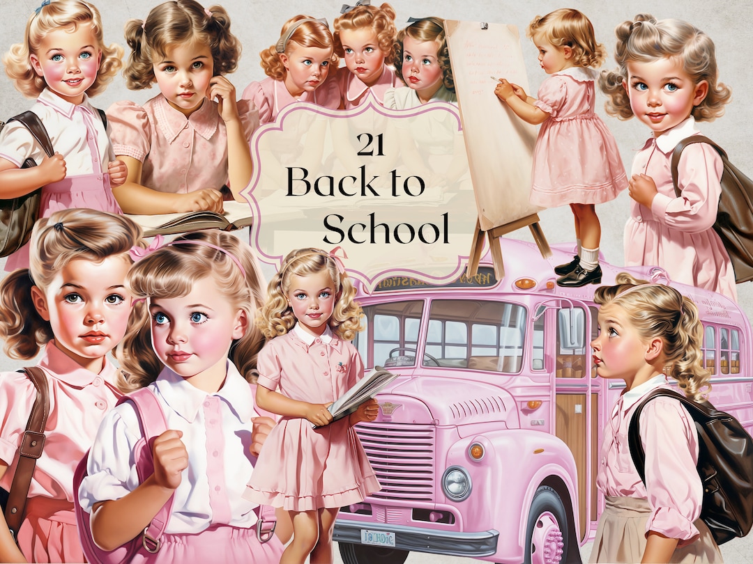 Vintage School Clipart 21 PNG Files Watercolor Retro Schoolgirl Vintage ...