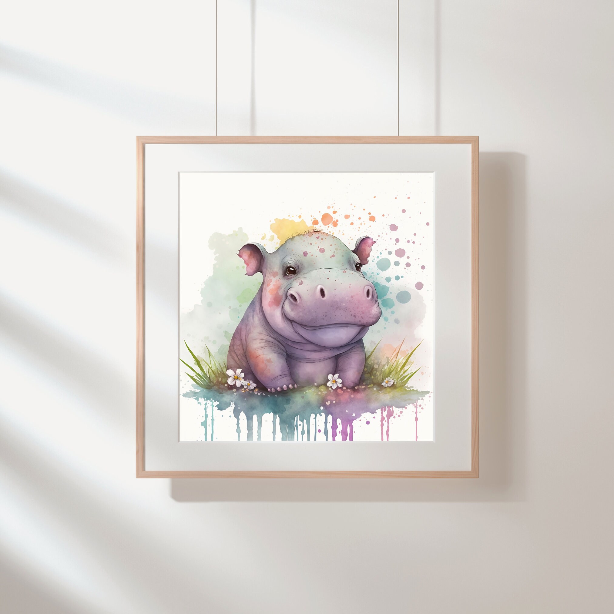 Cute Hippo in Watercolor Flowers Clipart - Digital Download File for ...