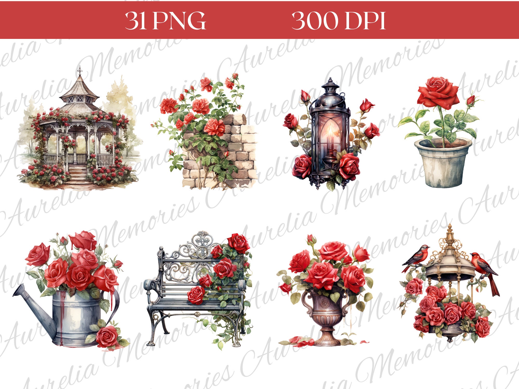 Vintage Rose Garden Clipart Watercolor 31 PNG Files Red Roses ...