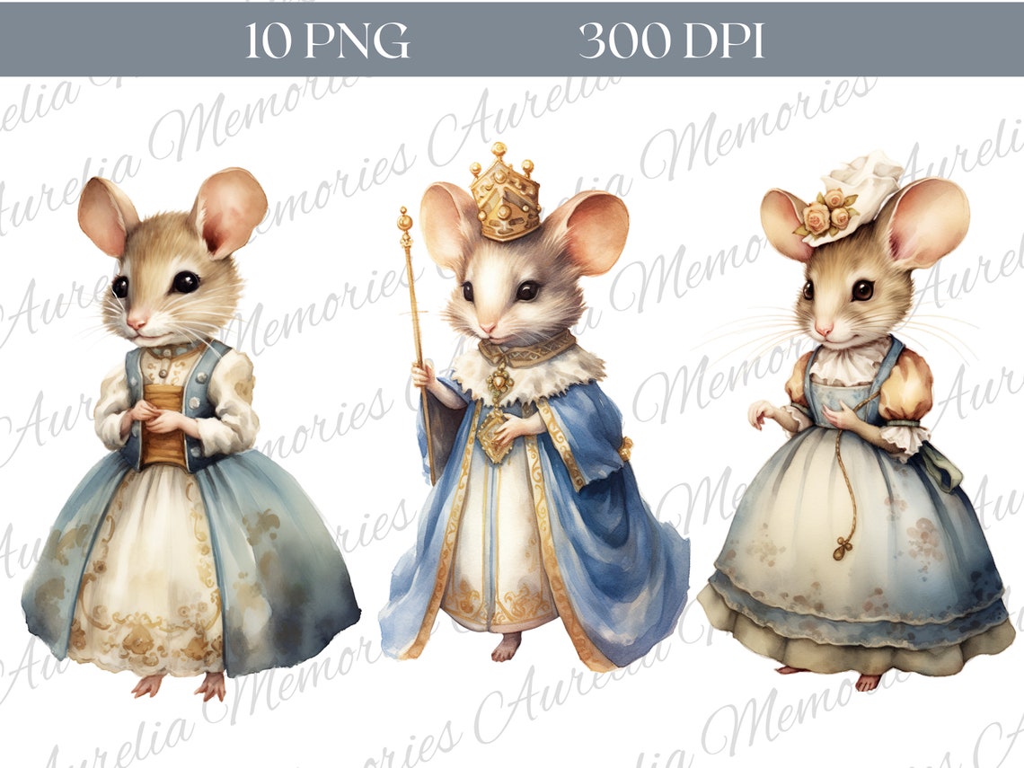 Watercolor Fairy Tale Mice Clipart 10 PNG Files Princess Mouse Clipart ...