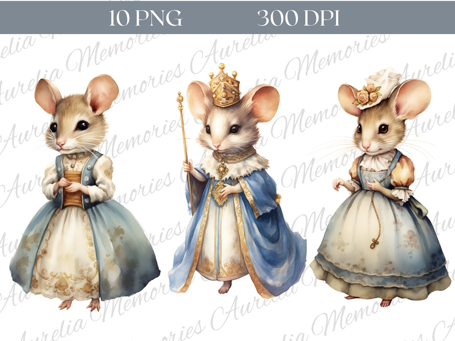 Watercolor Fairy Tale Mice Clipart 10 PNG Files Princess Mouse Clipart ...
