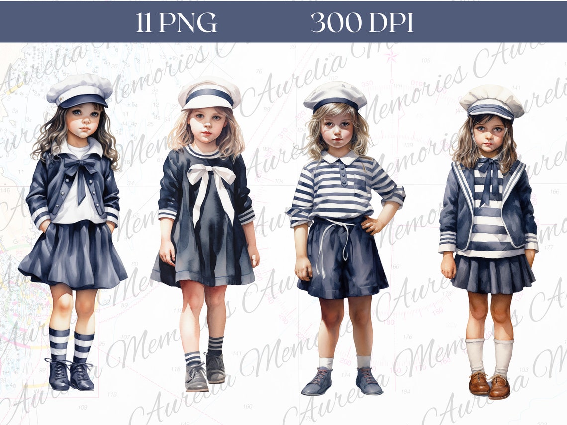 Nautical Little Girl Clipart Vintage Watercolor 11 PNG Files Anchor ...