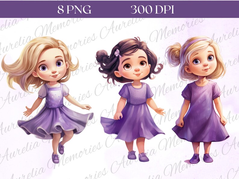 Cute Little Girls Clipart 8 PNG Files Watercolor Girl With Purple Dress ...