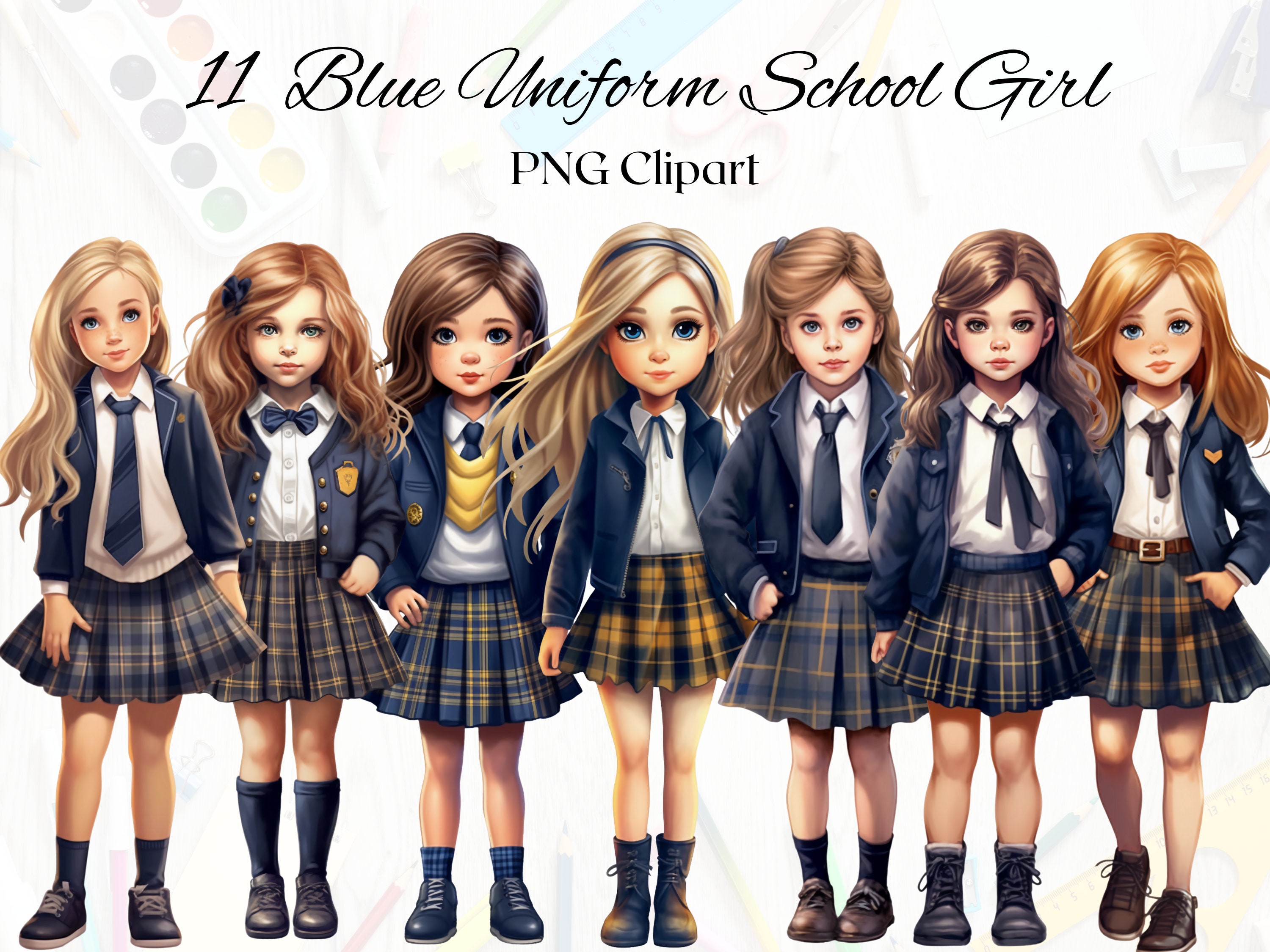 School Girl Watercolor Clipart 11 PNG Files Cute Blue School Uniform ...