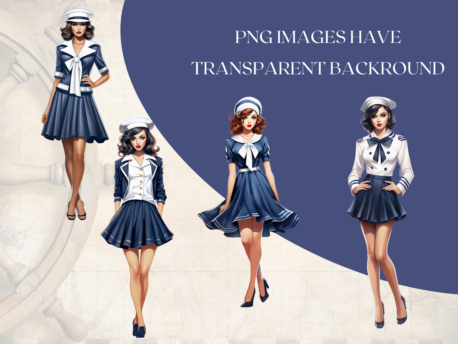 Sailors Vintage Girl Clipart Watercolor 7 PNG Files Nautical Girl ...