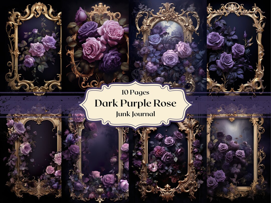 Dark Purple Rococo Roses Digital Paper Roses in Gold Framed Backgrounds ...