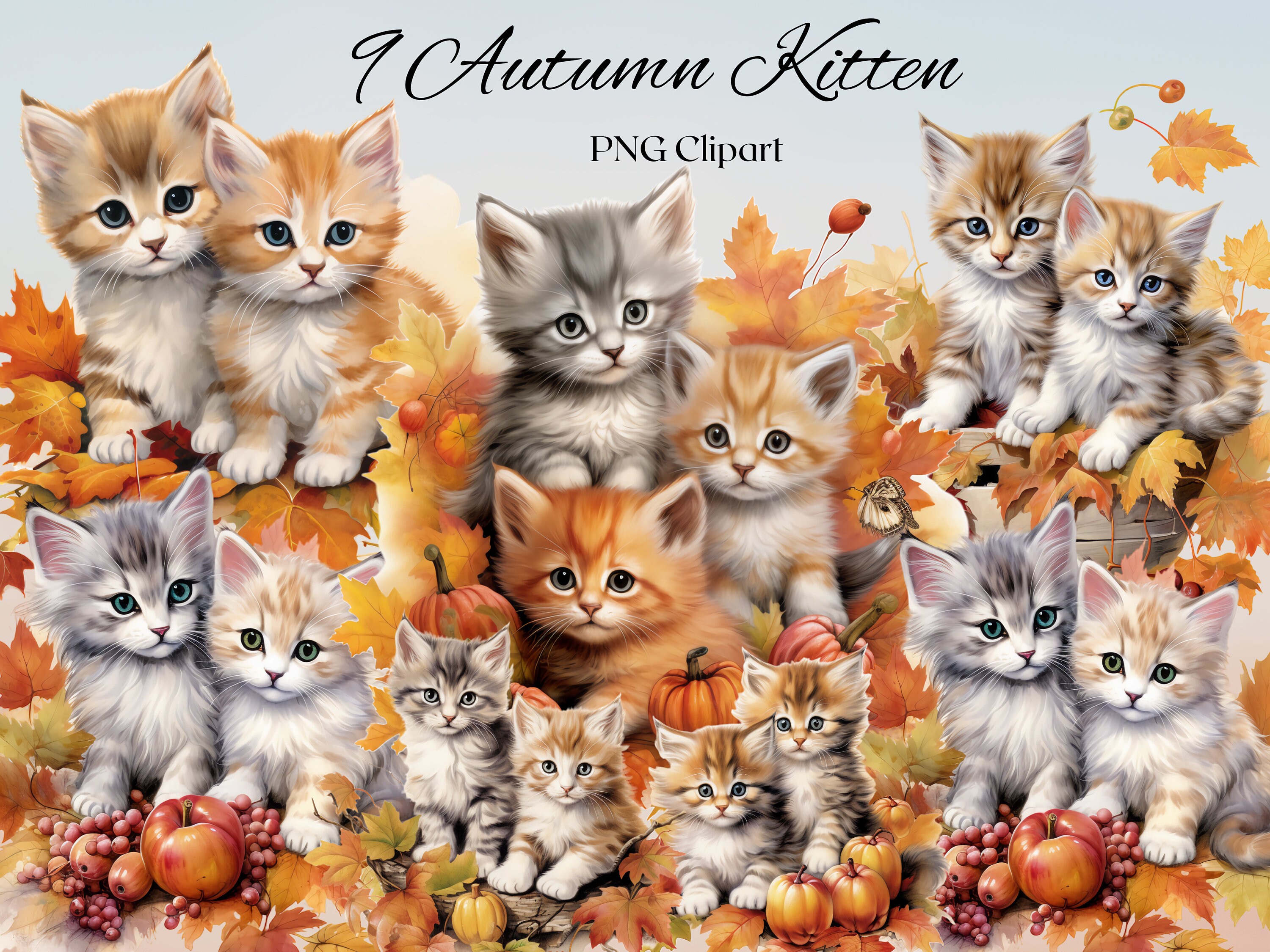 Watercolor Fall Cat Clipart 9 PNG Files Fall Cat Clipart Kitten With ...