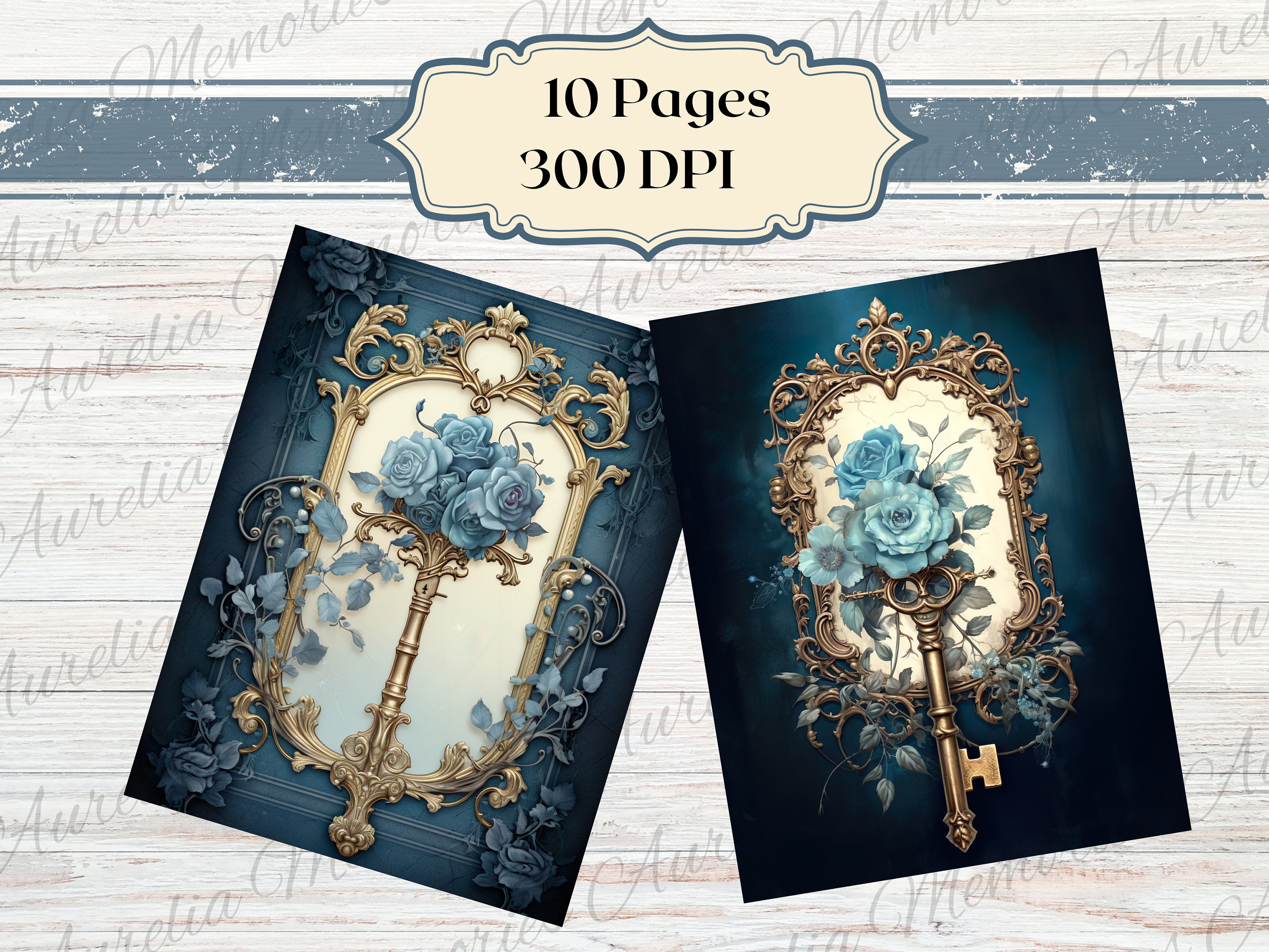 Romantic Gold Keys With Blue Roses Digital Paper Blue Flowers Scrapbook ...