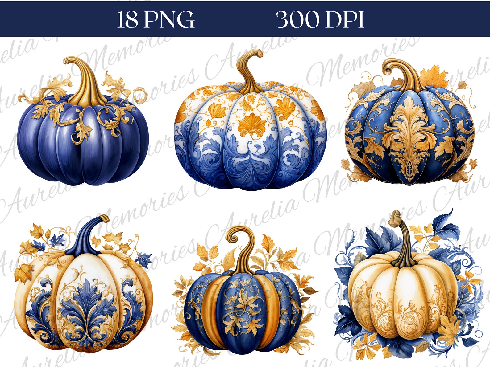 Blue Pumpkin Clipart 18 PNG Files Watercolor Victorian Pumpkin Autumn ...