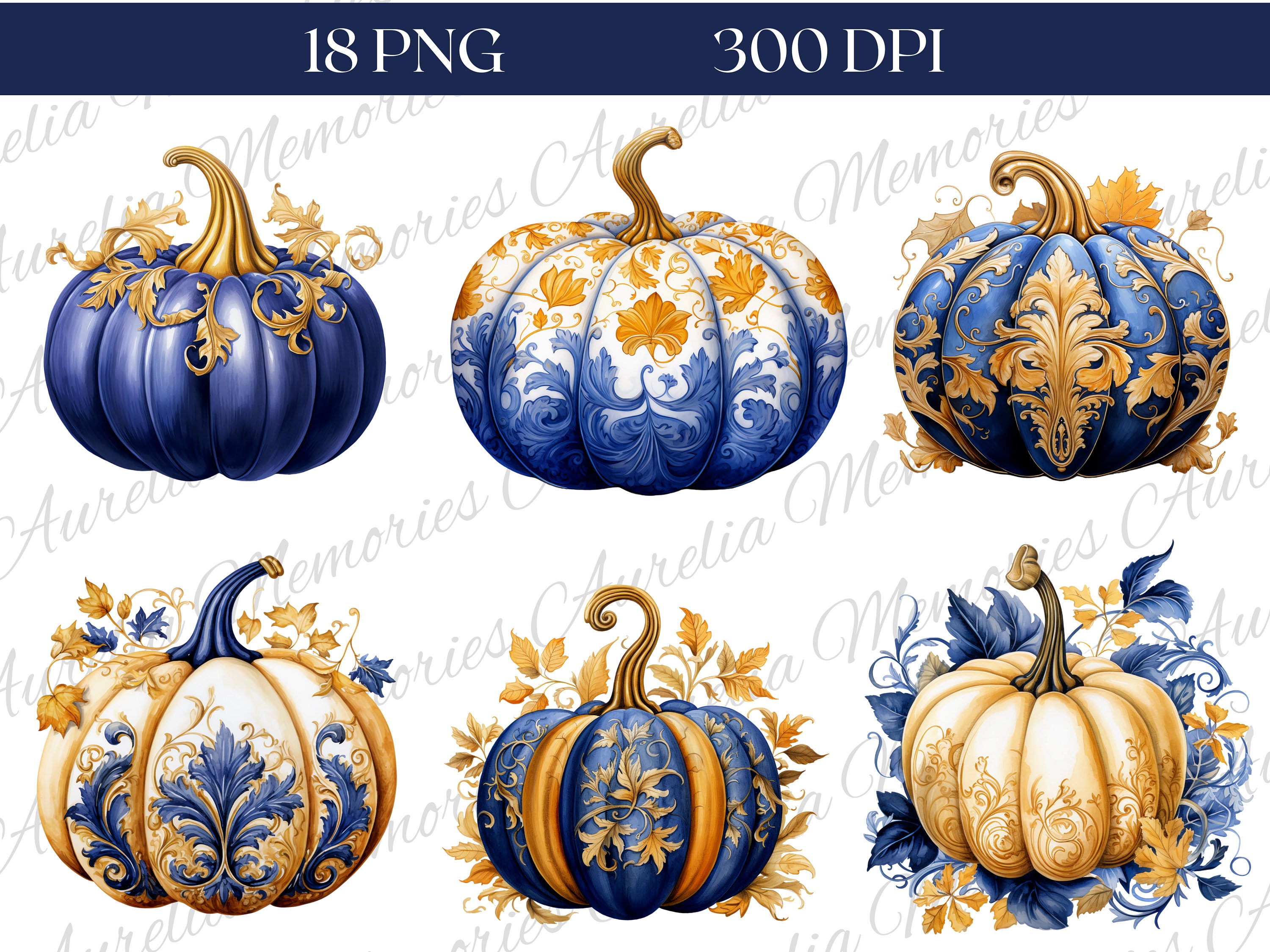 Blue Pumpkin Clipart 18 PNG Files Watercolor Victorian Pumpkin Autumn ...