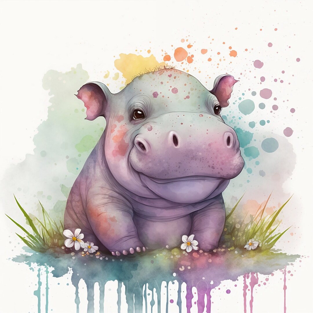 Cute Hippo in Watercolor Flowers Clipart - Digital Download File for ...