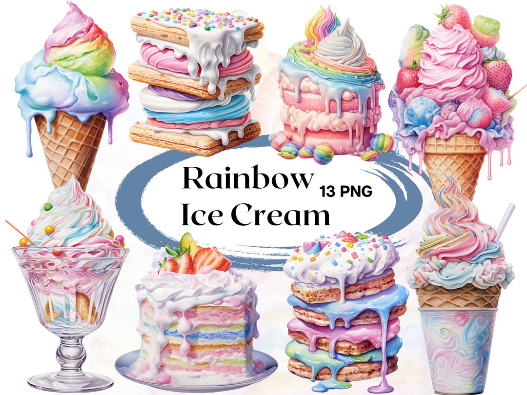 Watercolor Rainbow Ice Cream Clipart 13 PNG Files Kawaii Summer Clipart ...
