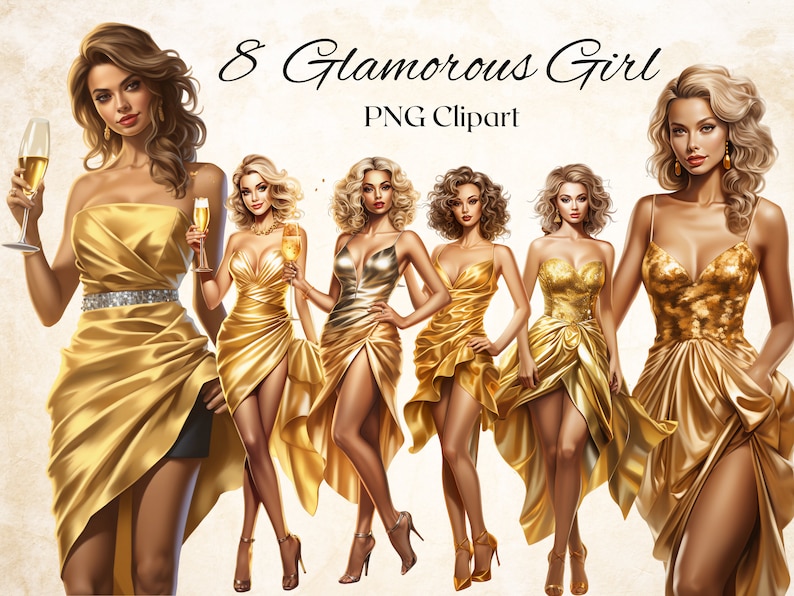 Gold Party Girl Watercolor Clipart 8 PNG Files Woman With Glamorous ...
