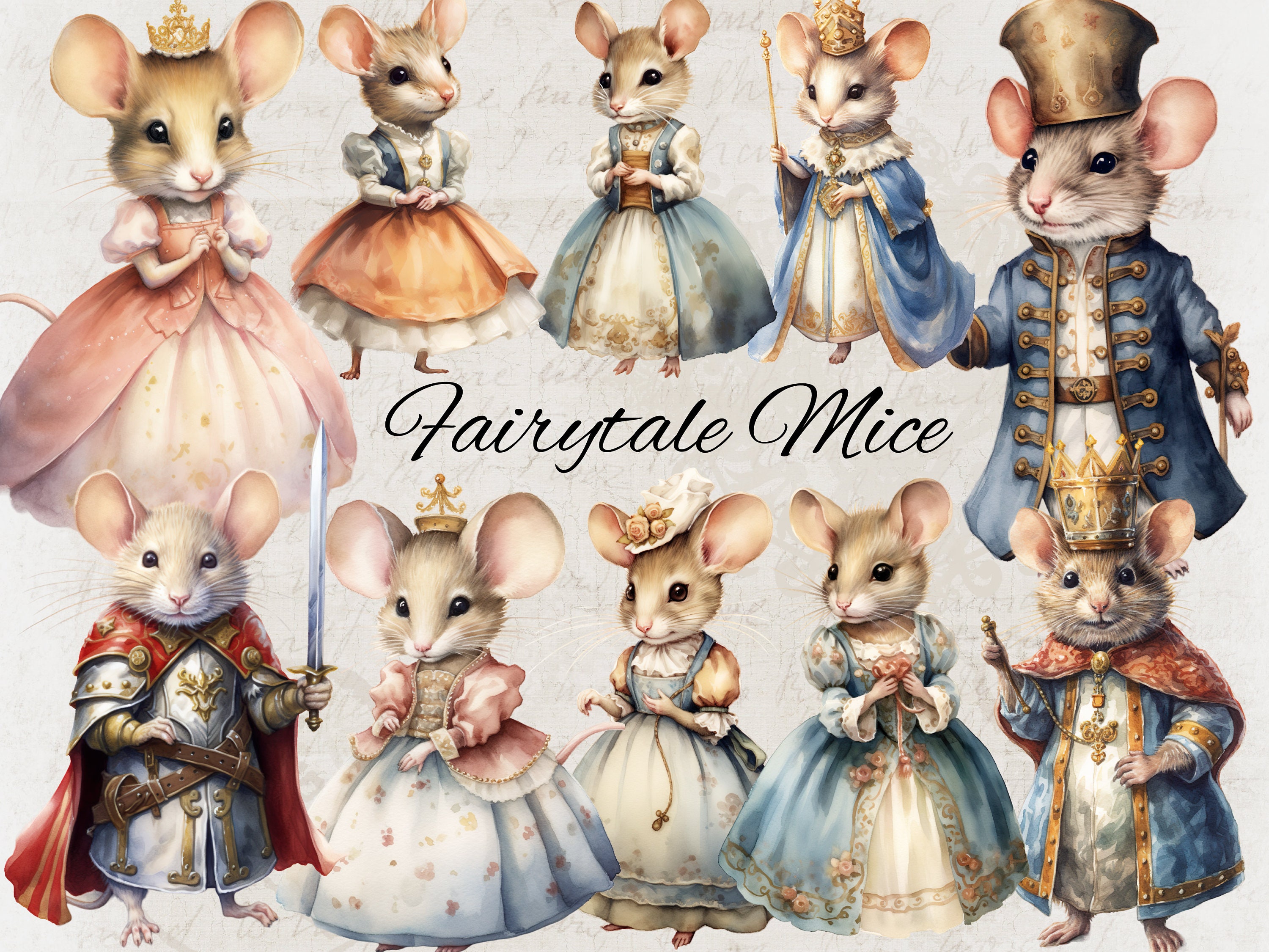 Watercolor Fairy Tale Mice Clipart 10 PNG Files Princess Mouse Clipart ...