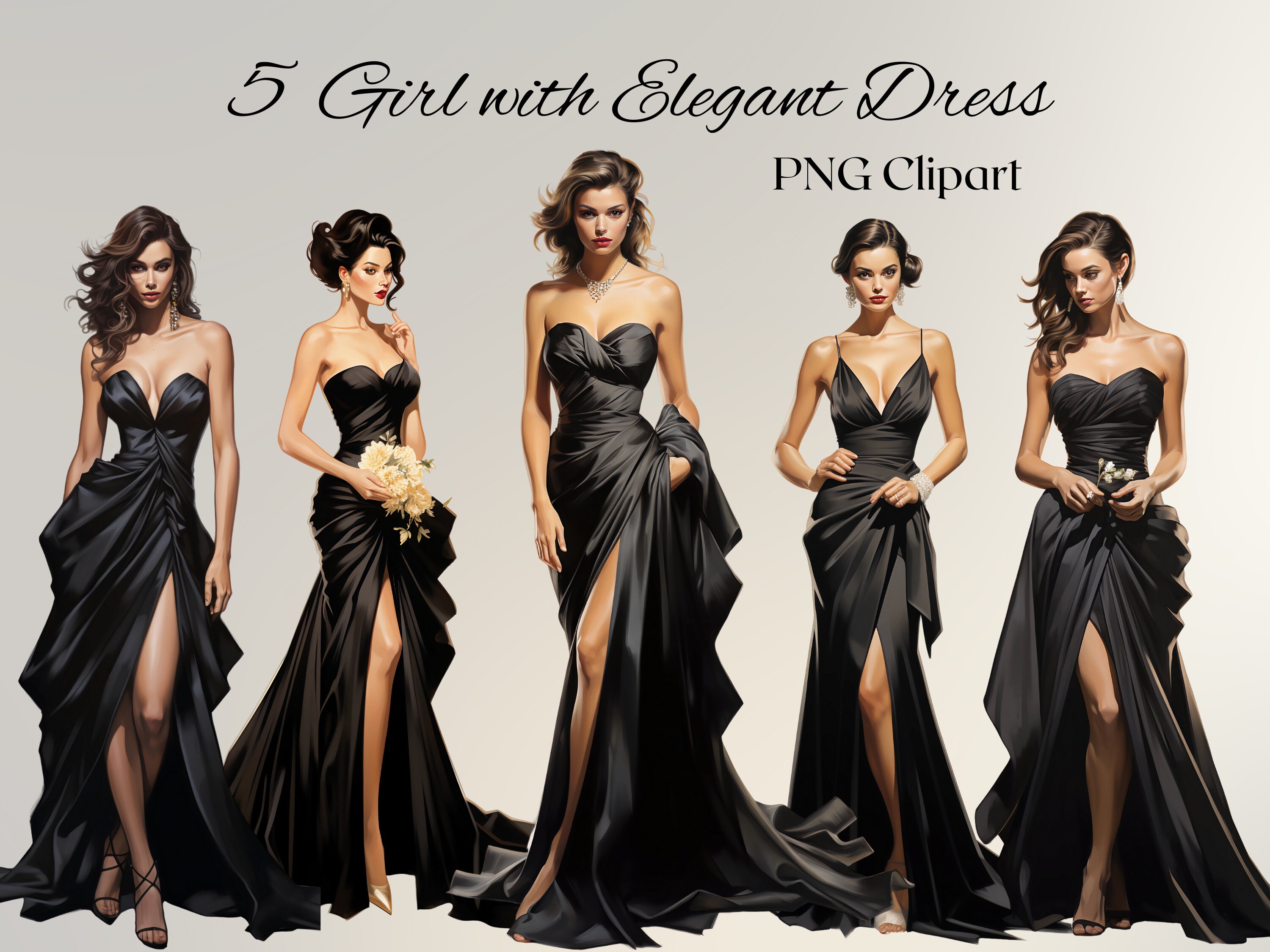 Elegant Woman Watercolor Clipart 5 PNG Files Woman With Black Evening ...