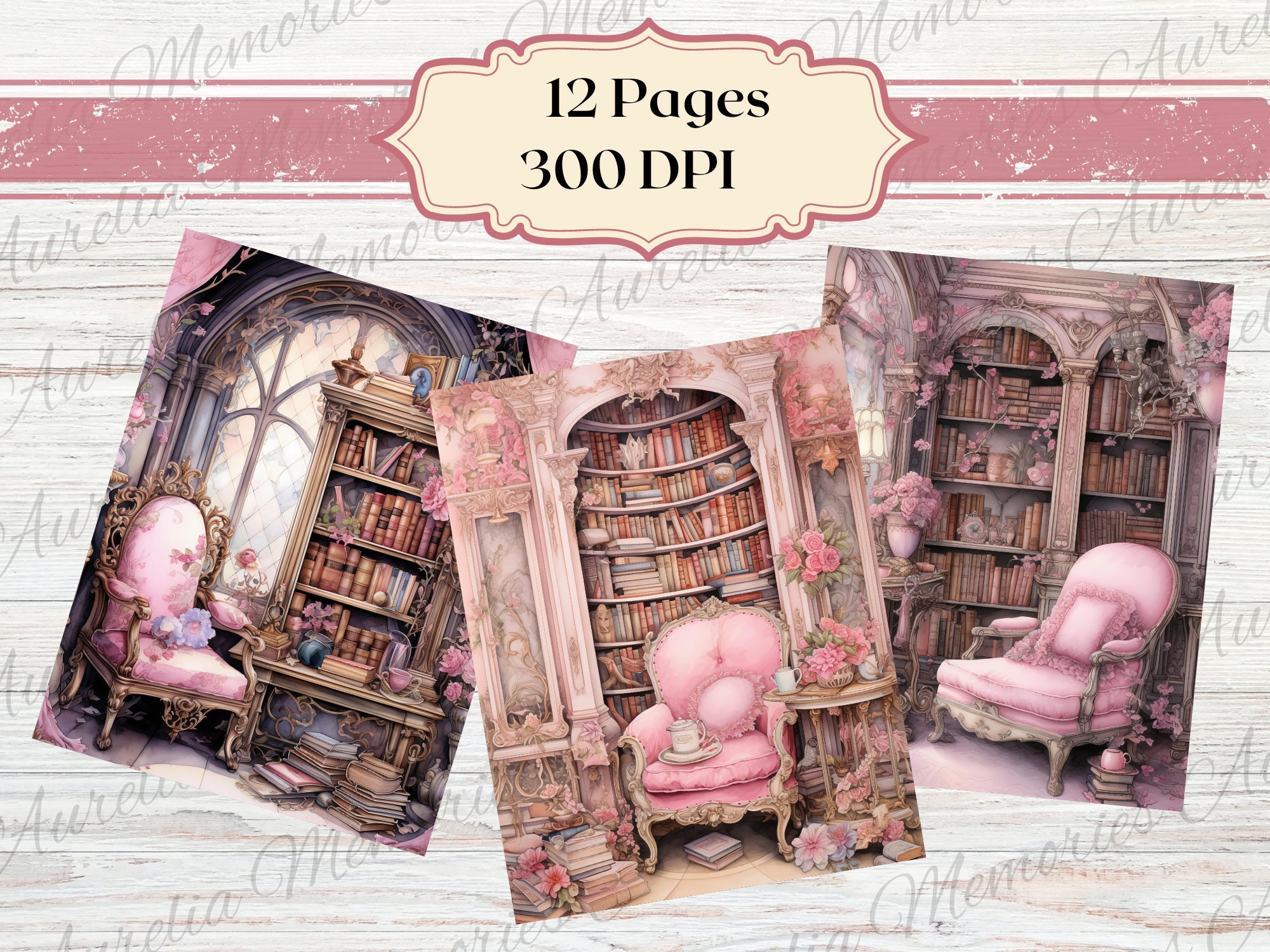 Victorian Pastel Pink Book Corner Digital Paper Vintage Library ...