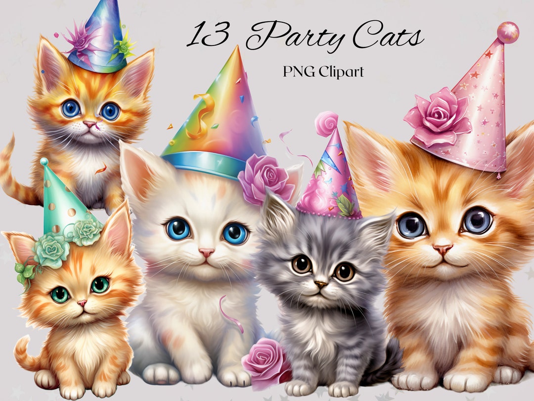 Watercolor Party Cats Clipart 13 PNG Files Birthday Clipart Cat Wearing ...