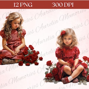 Vintage Girls Red Roses 12 PNG Files Little Girls With Ruby Red Dress ...