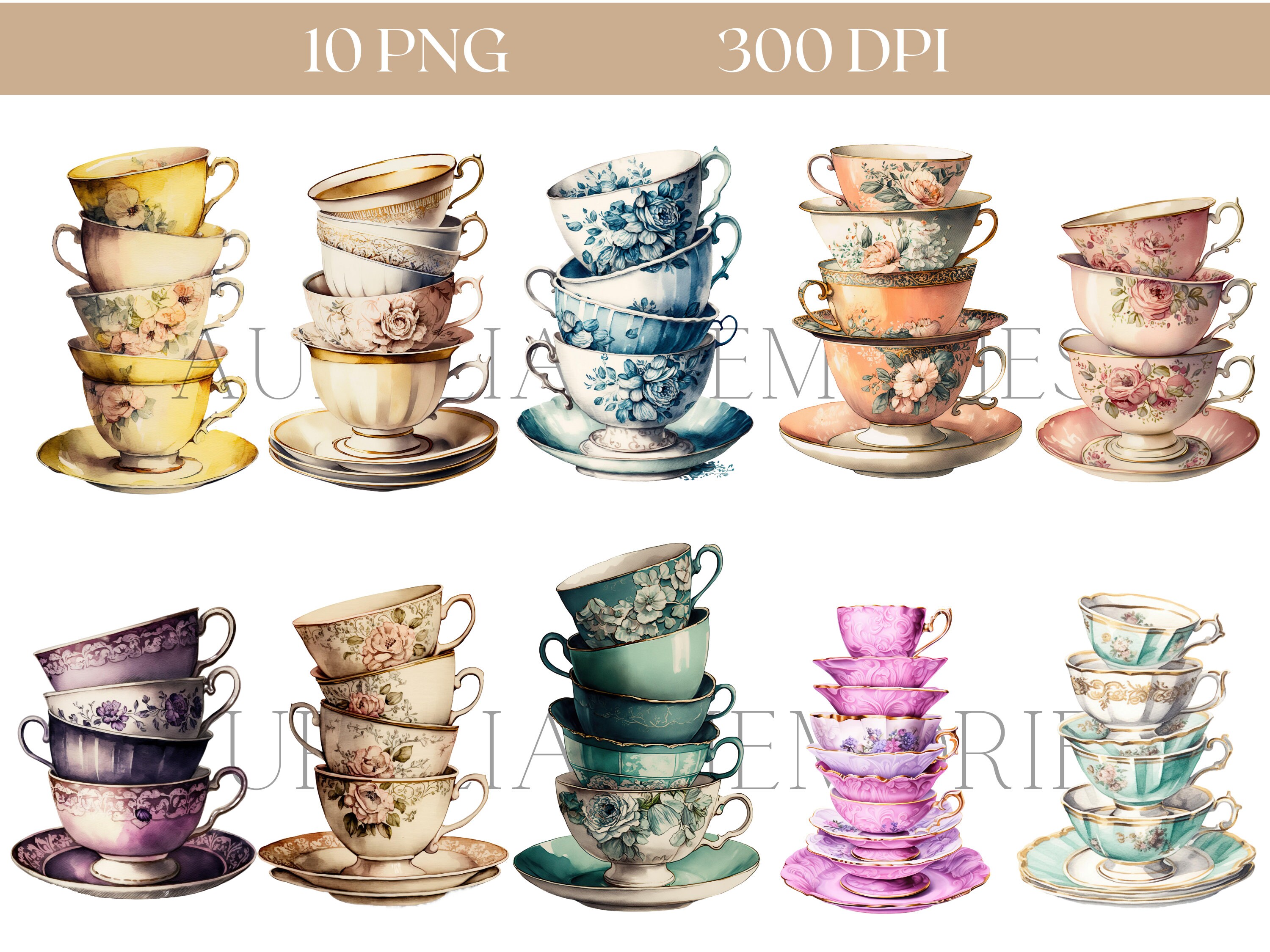 Watercolor Vintage Teacup Clipart 10 PNG Files Antique Tea Time Clipart ...