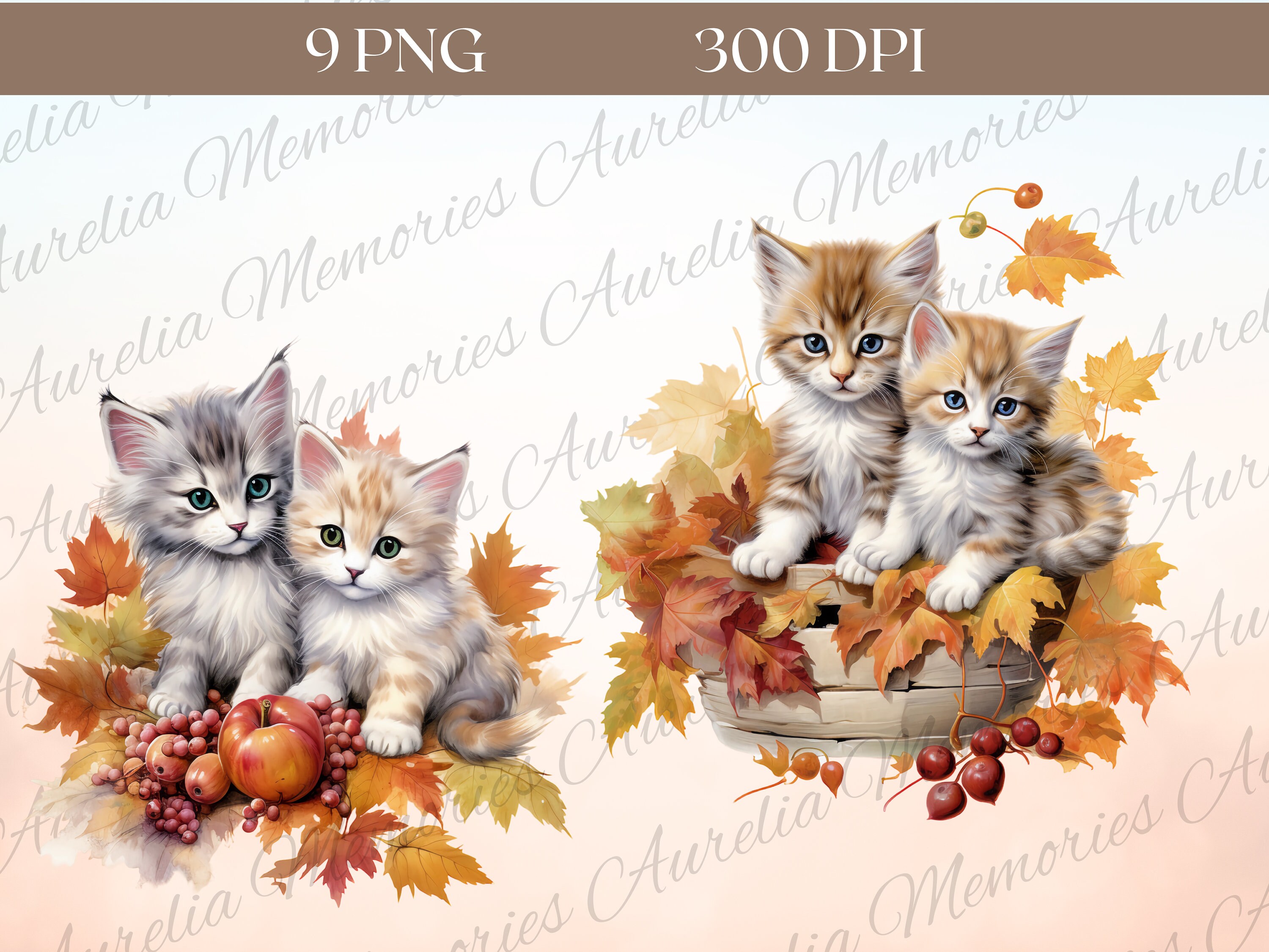 Watercolor Fall Cat Clipart 9 PNG Files Fall Cat Clipart Kitten With ...