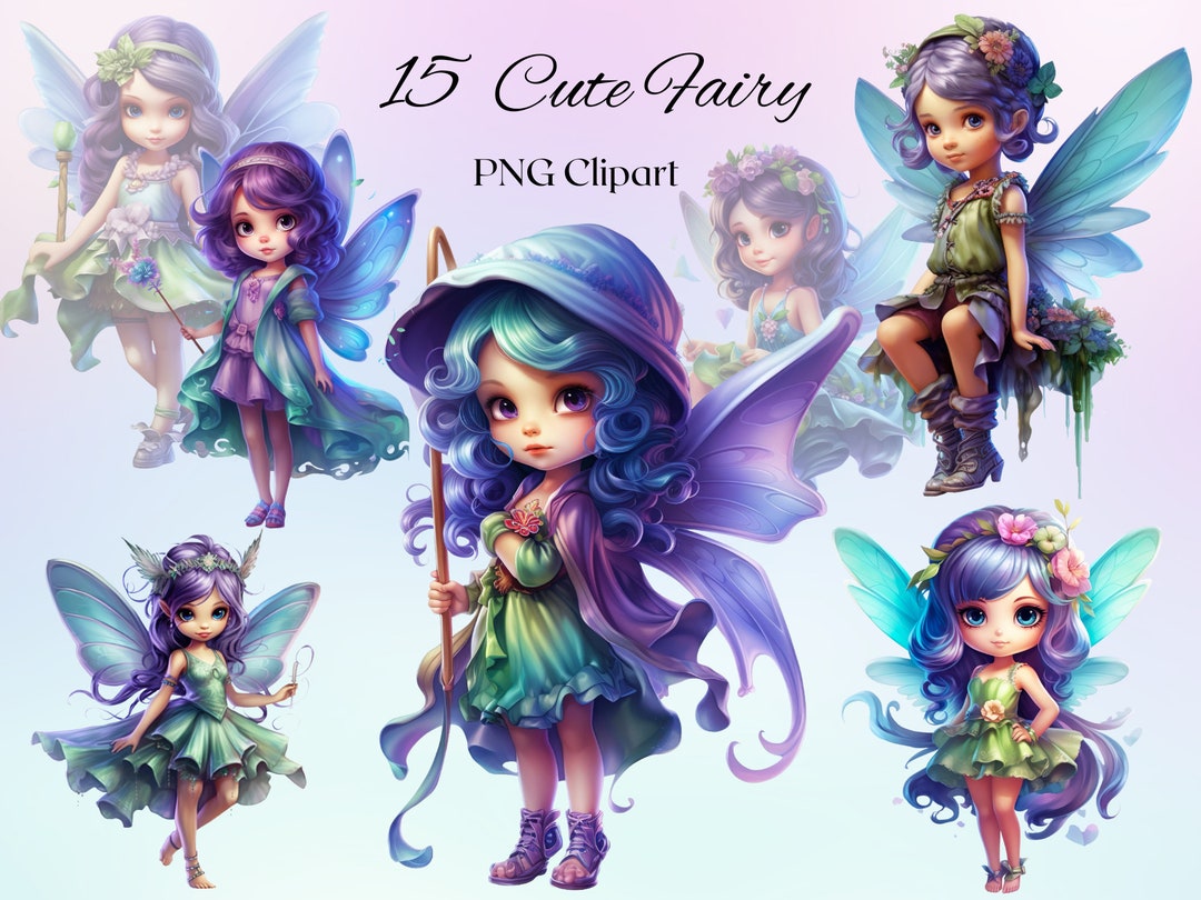 Cute Fairy Clipart 15 PNG Files Watercolor Purple Green Little Fairy ...