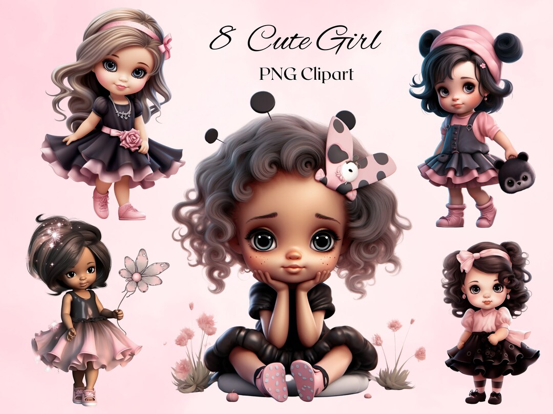 Cute Little Girls Clipart 8 PNG Files Girl With Black Pink Dress Kids ...
