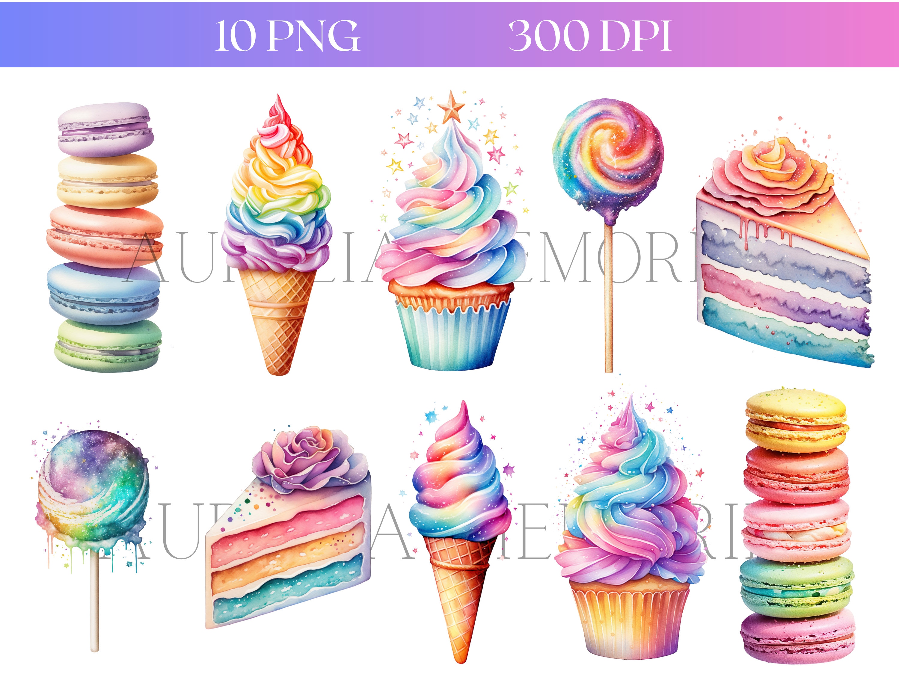 Watercolor Rainbow Sweet Treats Clipart 10 PNG Files Candy Donat ...