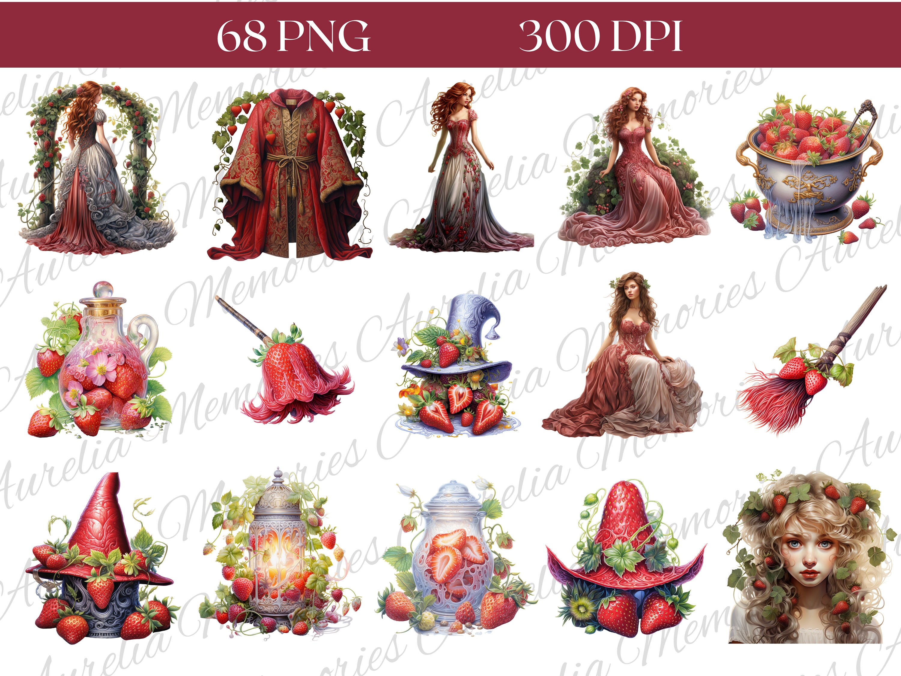 Strawberry Magic Clipart 68 PNG Files Watercolor Strawberry Clipart ...