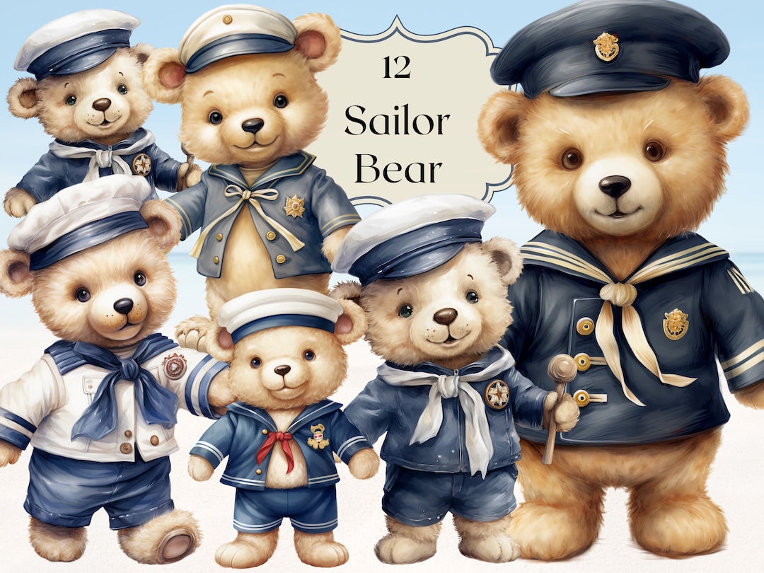Cute Teddy Bear Clipart 12 PNG Files Watercolor Nautical Teddy Bear ...