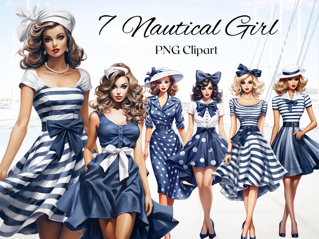 Vintage Nautical Girl Clipart Retro Watercolor 7 PNG Files Anchor ...
