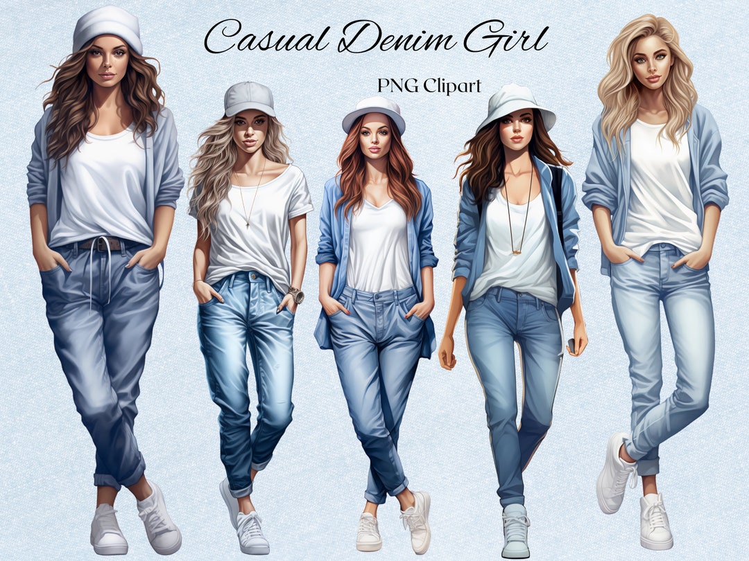 Fashion Girl Clipart 9 PNG Files Watercolor Casual Denim Clipart Women ...