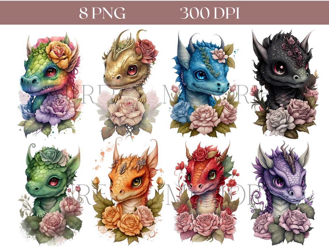 Roses Watercolor Dragon Clipart 8 PNG Files Rainbow Dragon Png Fantasy ...