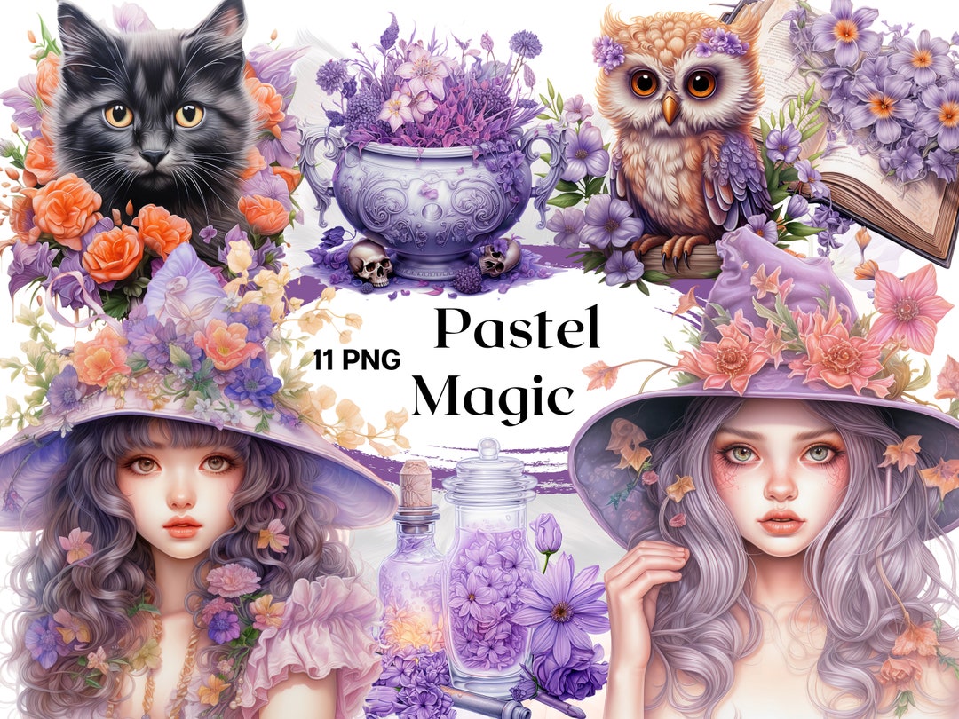 Watercolor Pastel Witch Clipart 11 PNG Files Magic Witch Clipart ...