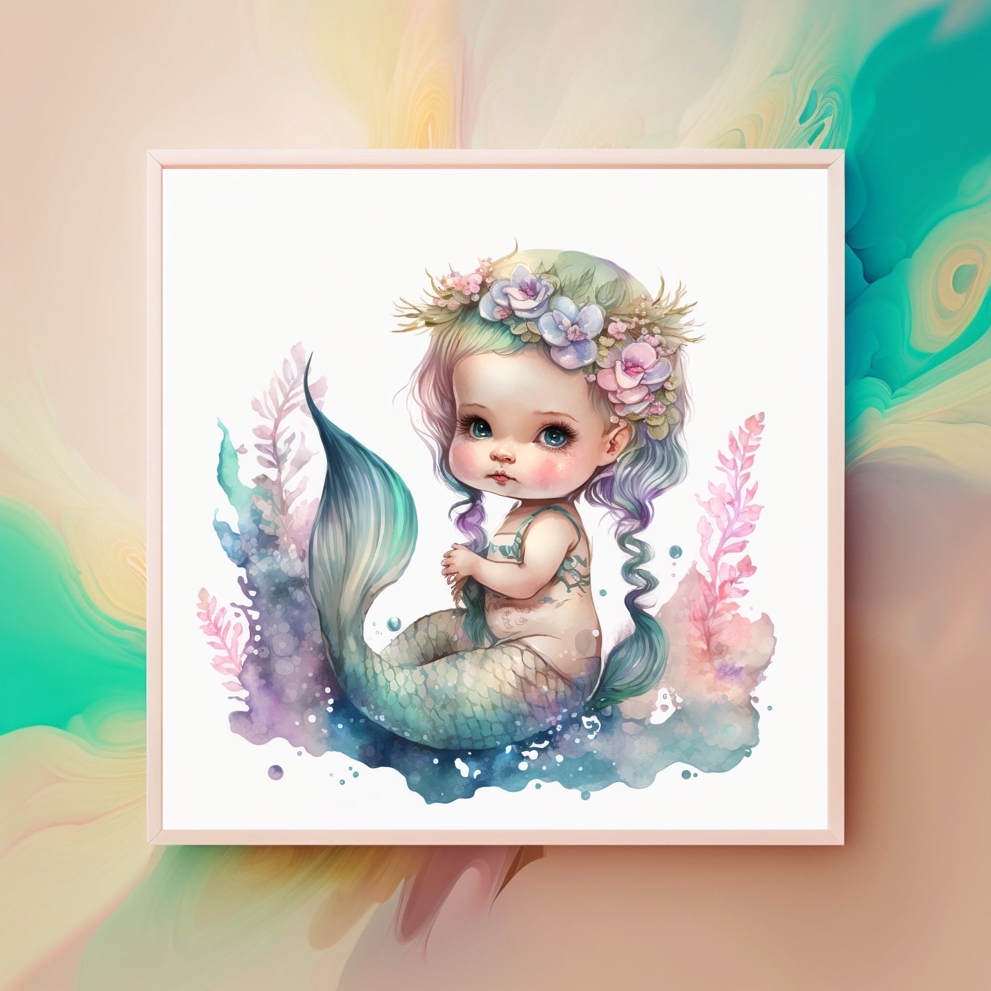 Mermaid Watercolor Clipart Nursery Decor Cute Mermaid - Etsy