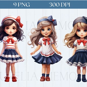 Nautical Little Girl Clipart Watercolor 9 PNG Files Anchor Summer Blue ...