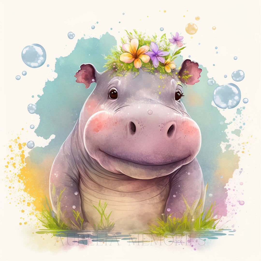 Hippo Watercolor Clipart Nursery Decor Baby Hippo Watercolor Cute Baby ...