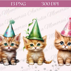 Watercolor Party Cats Clipart 13 PNG Files Birthday Clipart Cat Wearing ...
