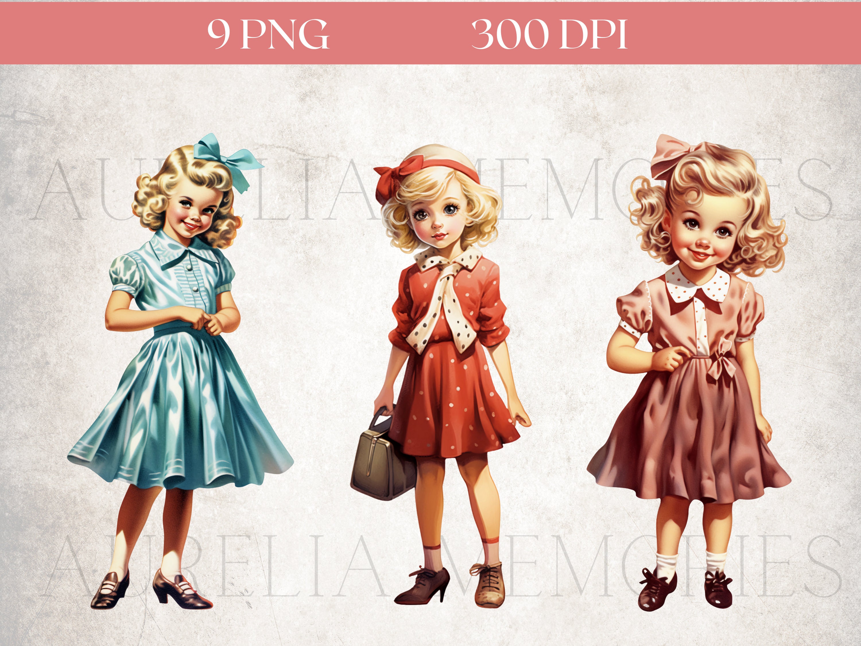Retro Little Girls Clipart Watercolor 9 PNG Files Vintage Girls Clipart ...
